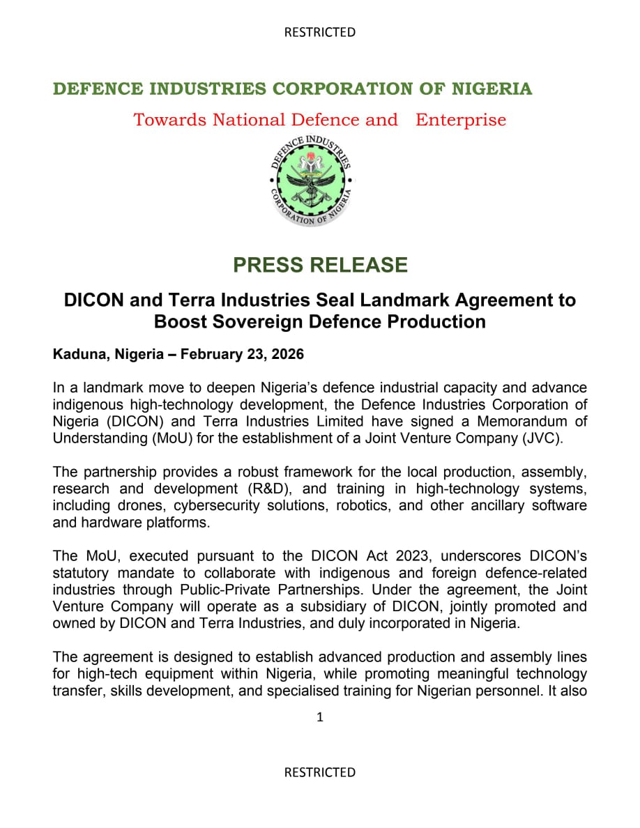 PRESS RELEASE - The Defence Industries Corporation of Nigeria (DICON)